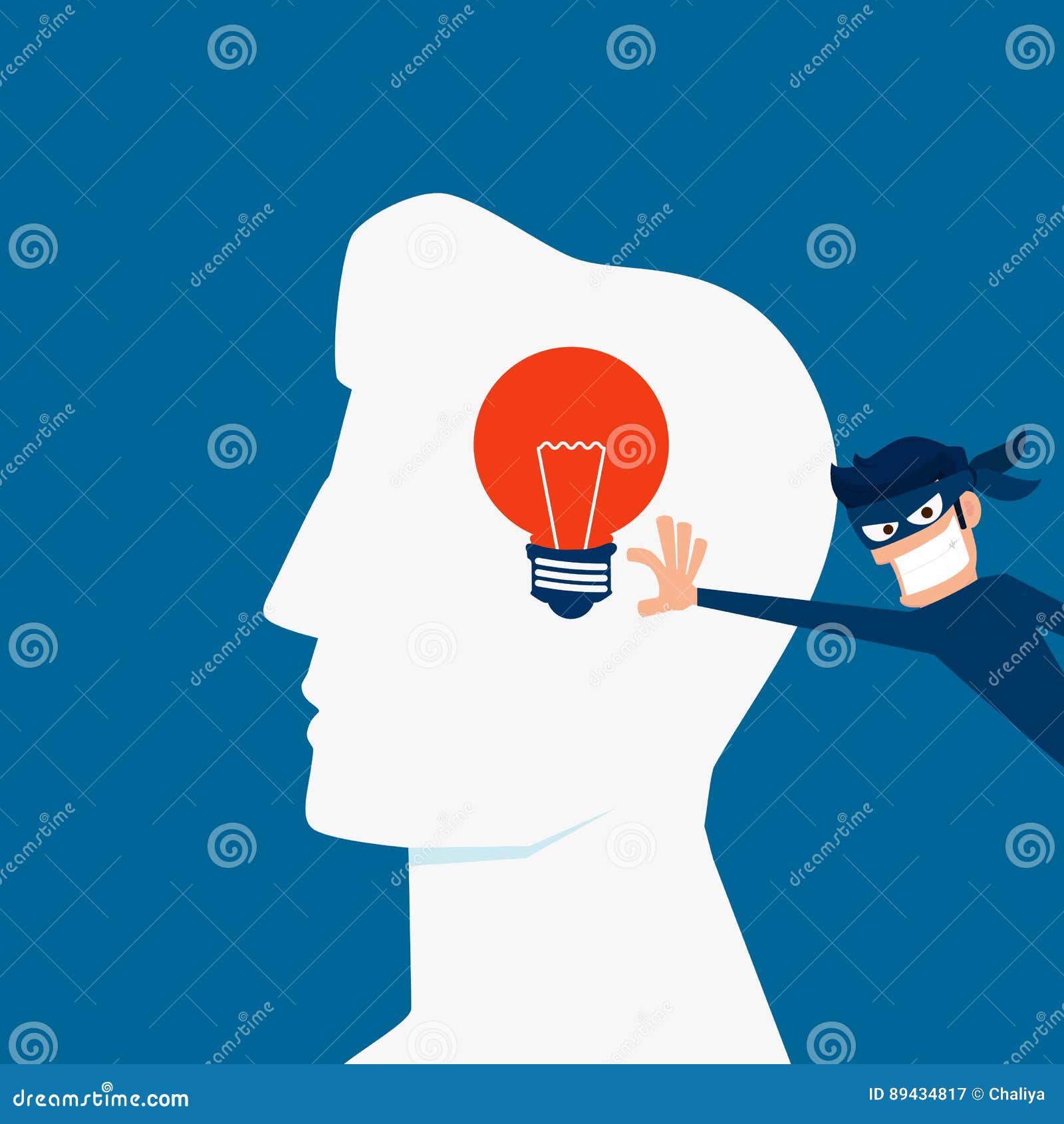 Flat Design Piracy Concept. Thief Stealing Light Bulb Idea from a Head ...