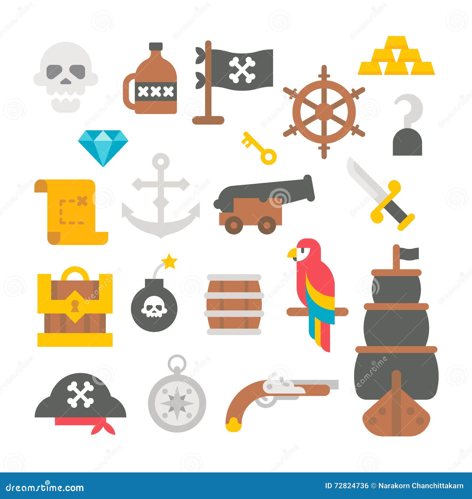 Pirate Items Set. Saber, Musket, Cannonball, Hook. Vetor Illustration ...