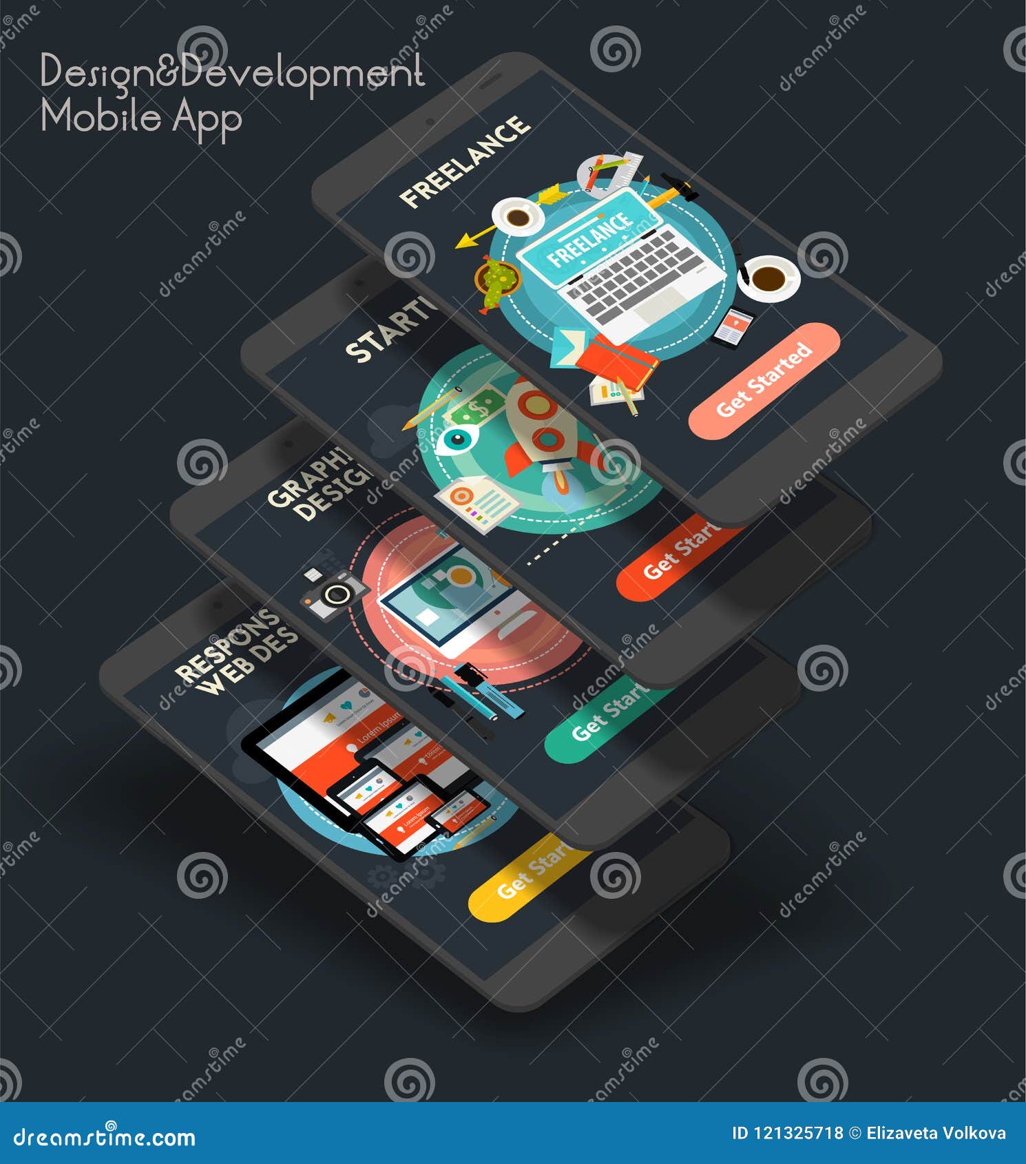 Flat Design Responsive Ui Mobile App With 3d Mockups Stock Vector Illustration Of Resort