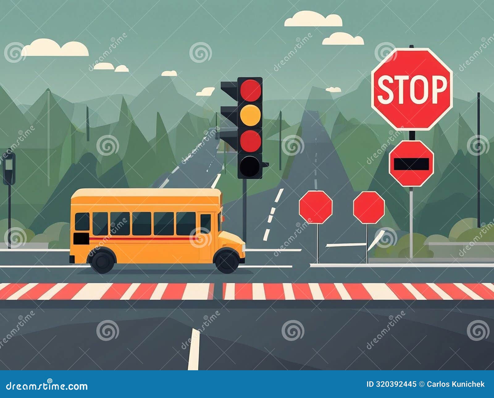 Flat Design of Road Scene with Stop Bus Signal - Generated by Ai Stock ...