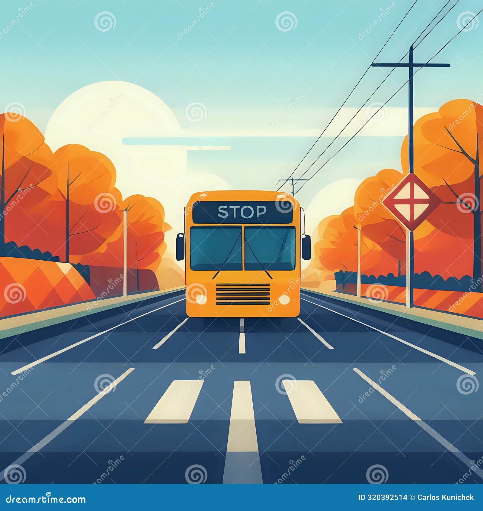 Flat Design of Road Scene with Stop Bus Signal - Generated by Ai Stock ...