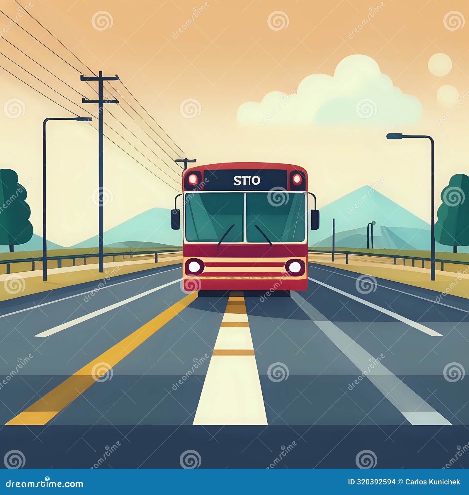 Flat Design of Road Scene with Stop Bus Signal - Generated by Ai Stock ...