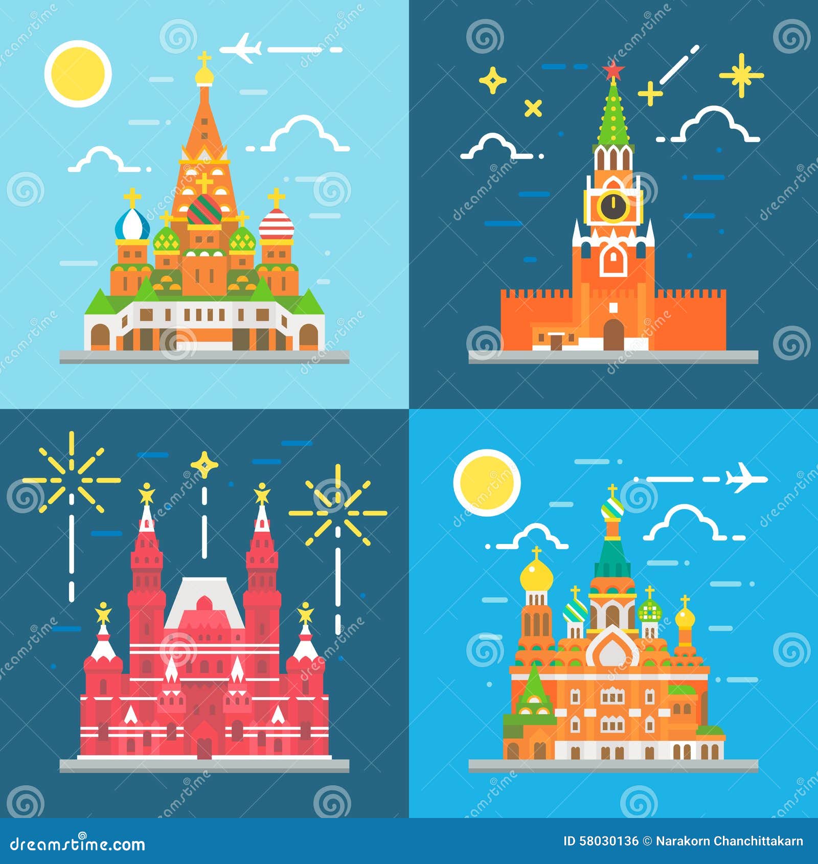 Flat Design Russia Landmarks Set Stock Vector - Illustration of clock ...