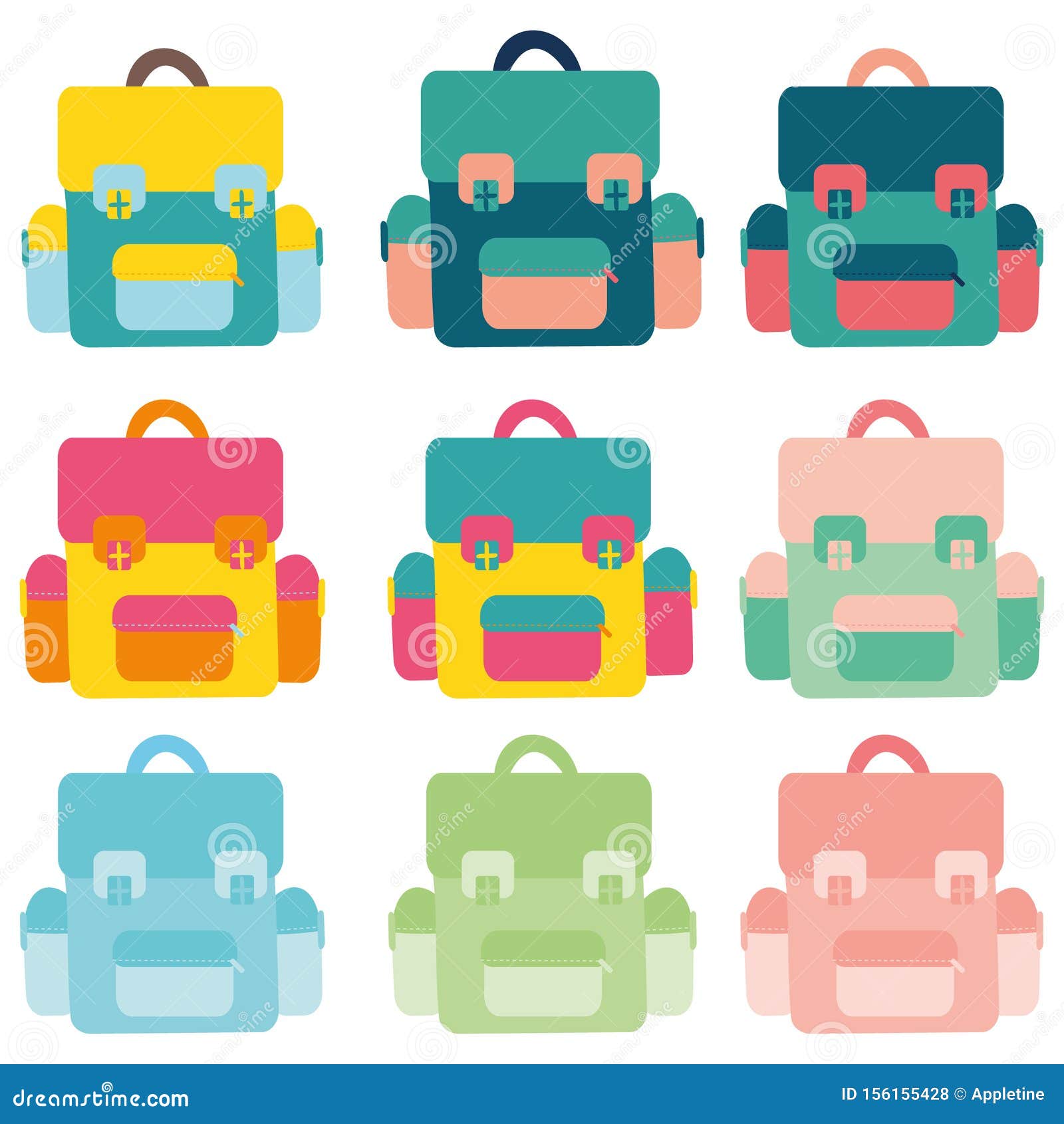 Flat Design School Bag Vector Illustration in 9 Different Designs Stock ...