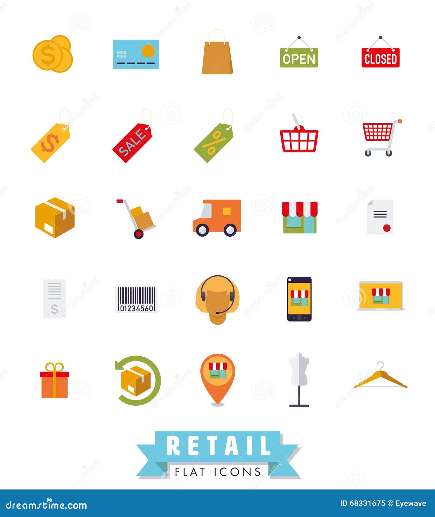 Flat Design Shopping and Retail Icon Set Stock Vector - Illustration of ...