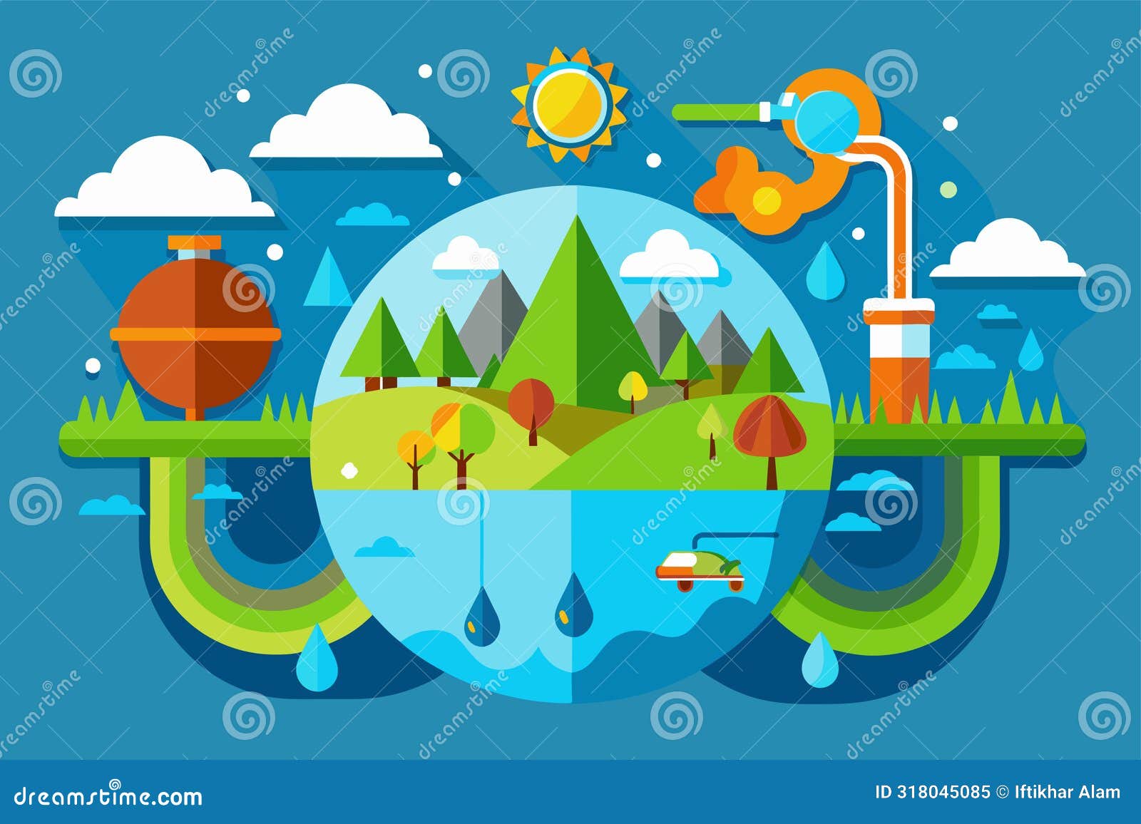 Flat Design Showing Water Source with Trees and Mountains in the ...
