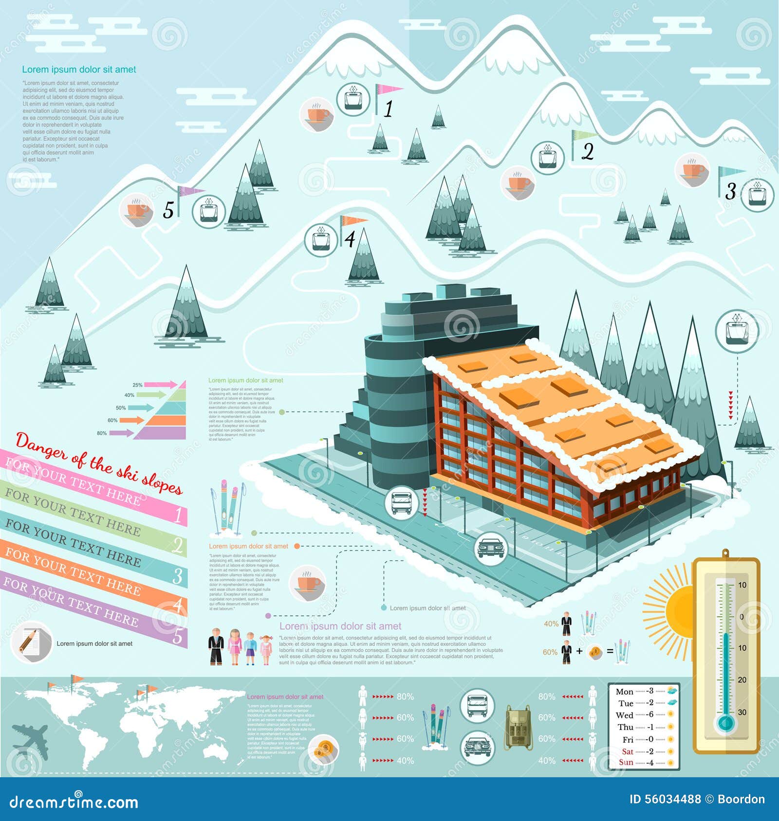 Flat Design Ski Resort Infographics with Hotel Stock Vector ...