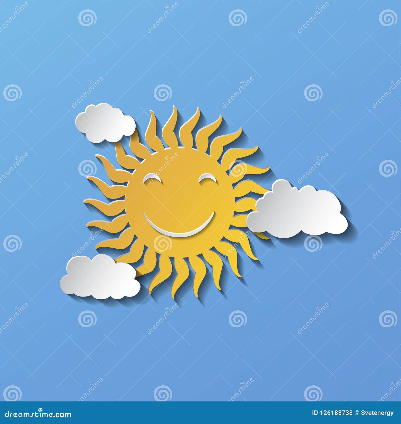 Flat Design Smiling Cartoon Sun Isolated on Blue Background. Stock ...