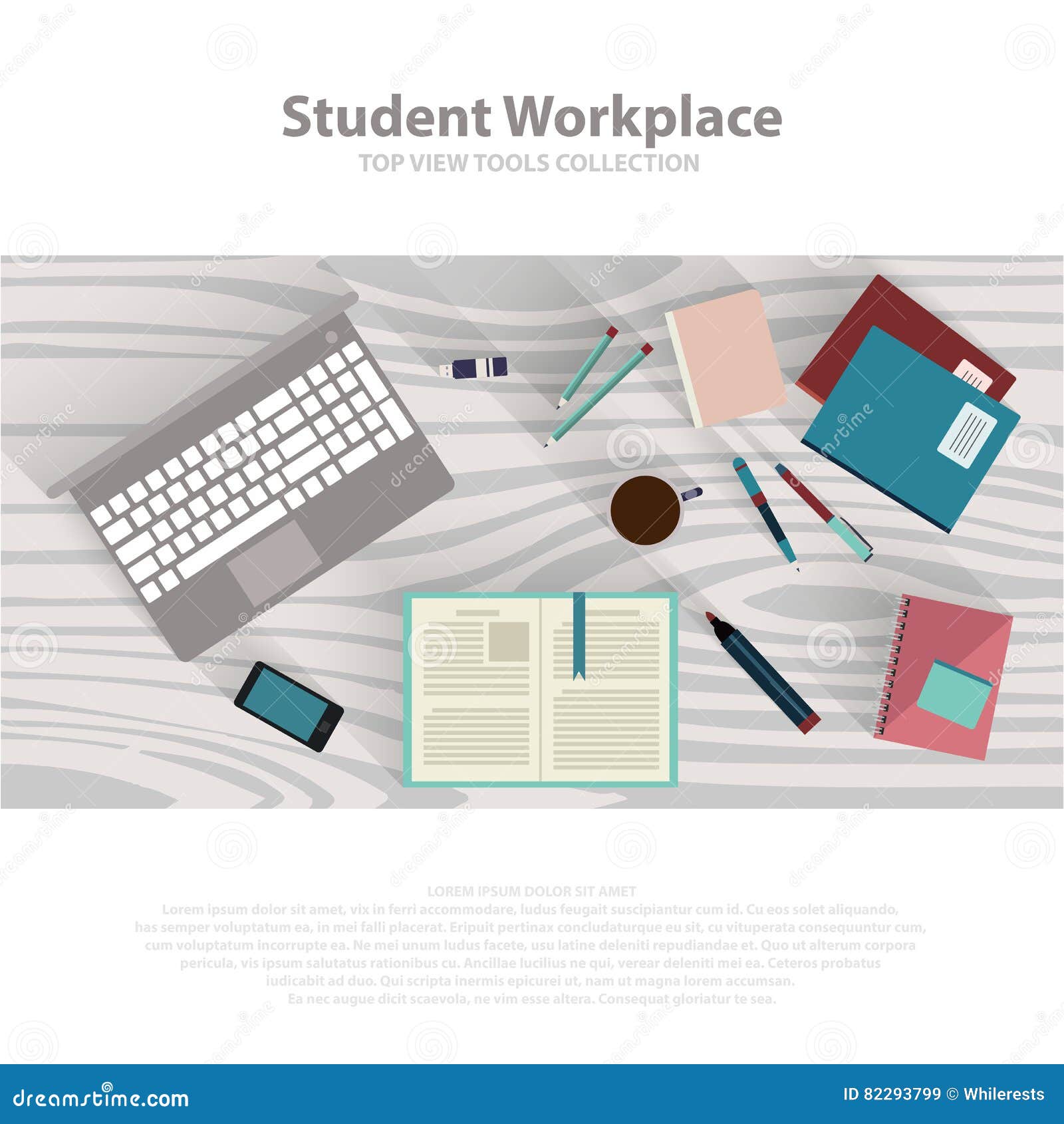 Flat Design Student Workspace On Wooden Table. Basic Education Training ...
