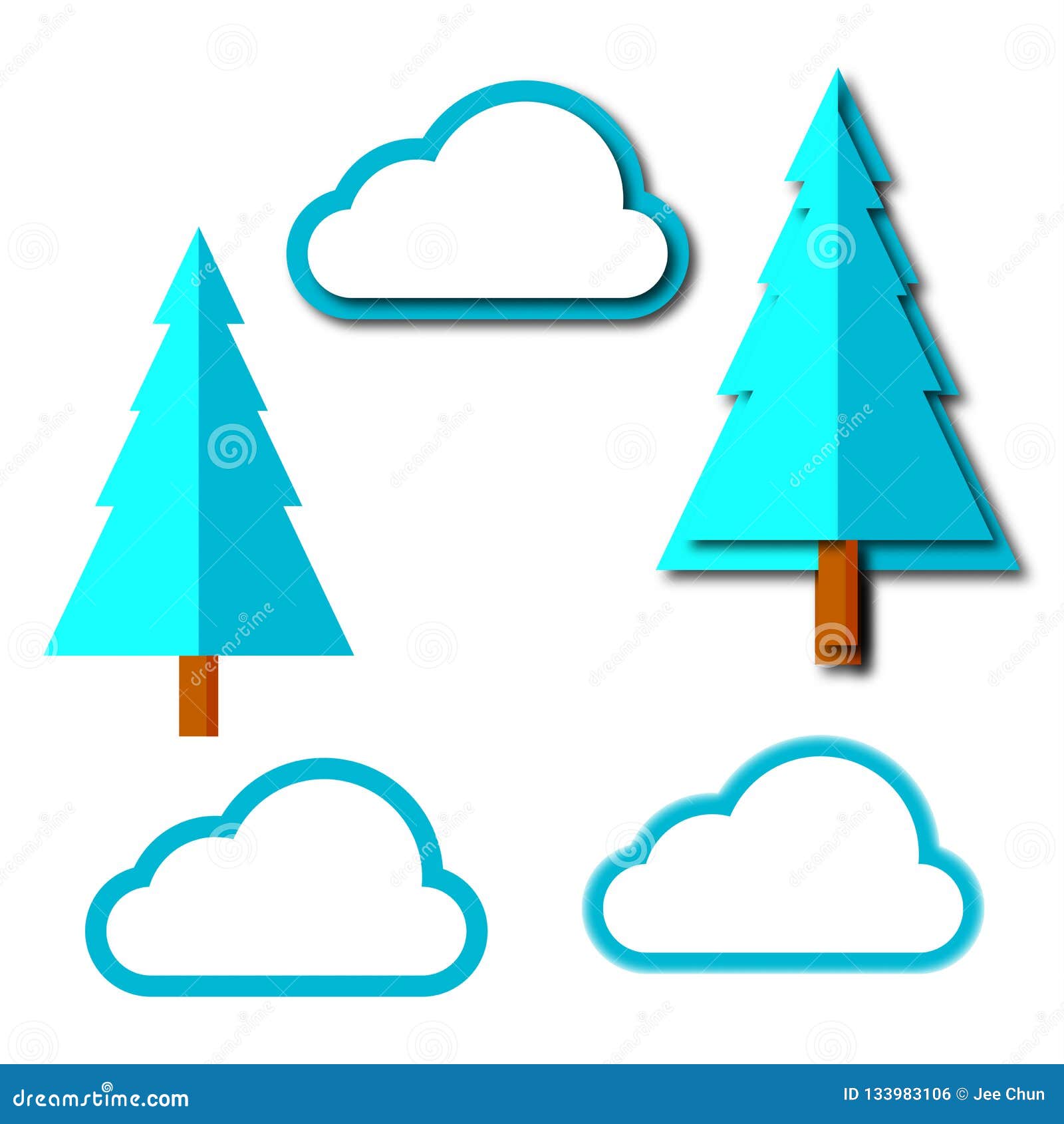 Flat Design Style Abstract Cute Cyan Tree and Cloud in Trendy.Isolated ...