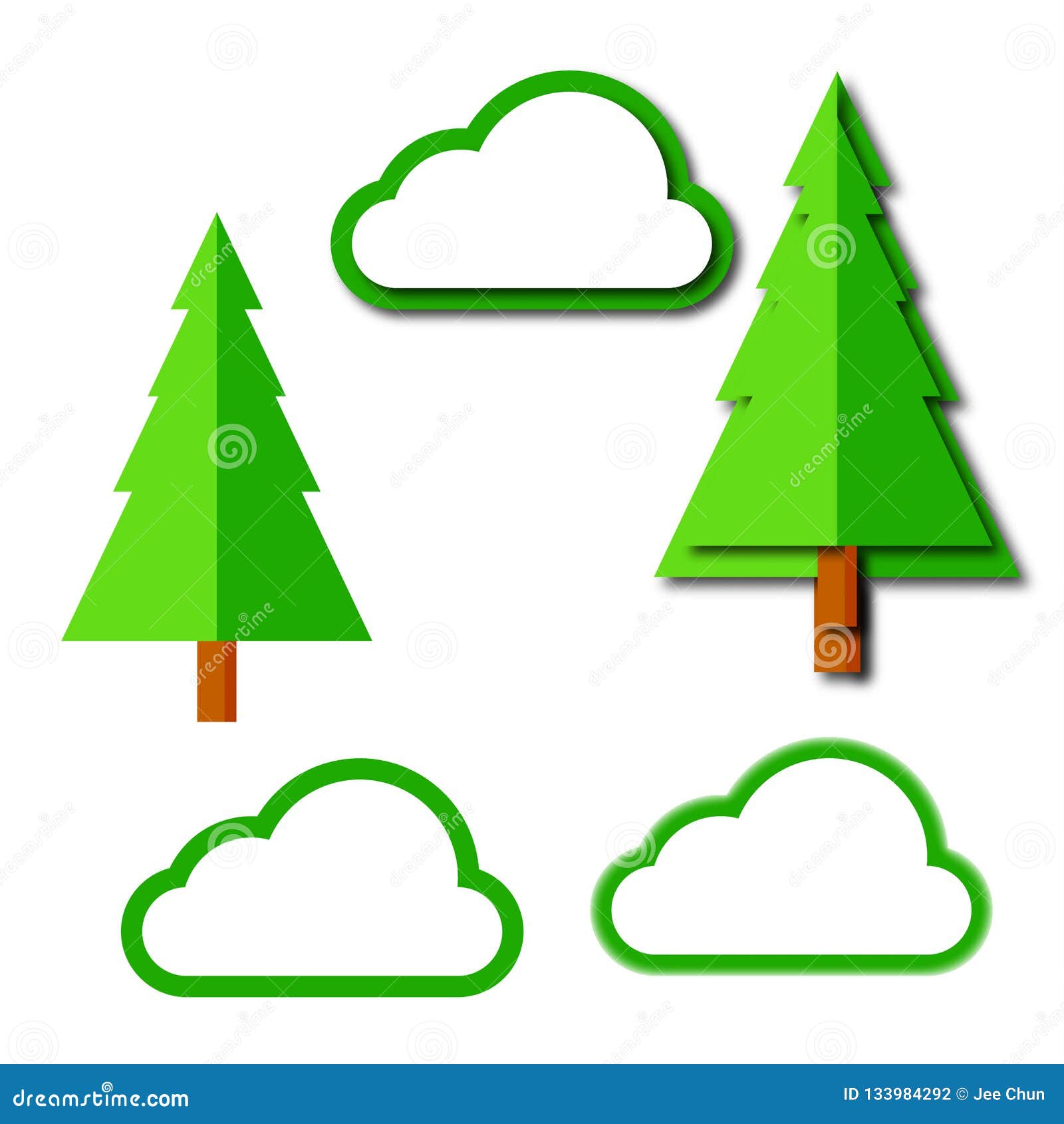 Flat Design Style Abstract Cute Green Tree and Cloud in Trendy.Isolated ...
