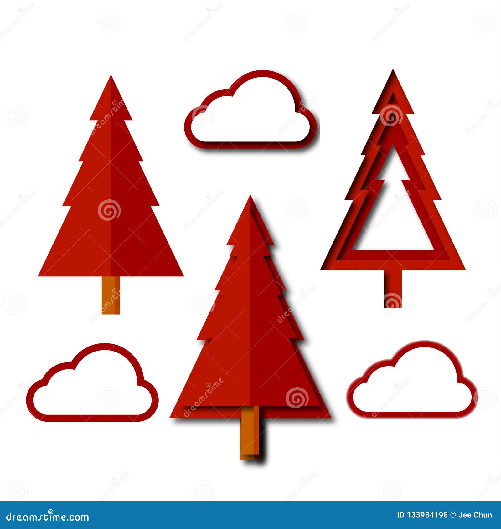 Flat Design Style Abstract Cute Red Tree and Cloud in Trendy.Isolated ...