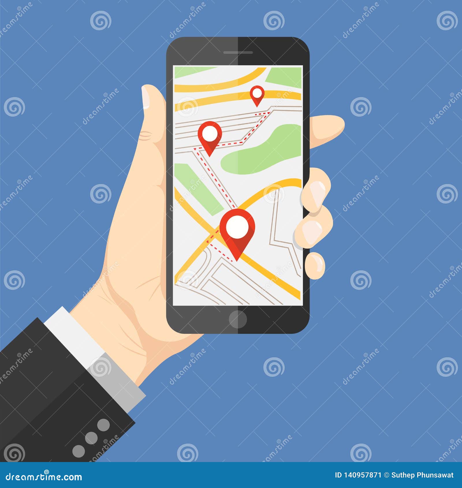 Flat Design Style Human Hand Holding Smartphone or Tablet with Map App ...