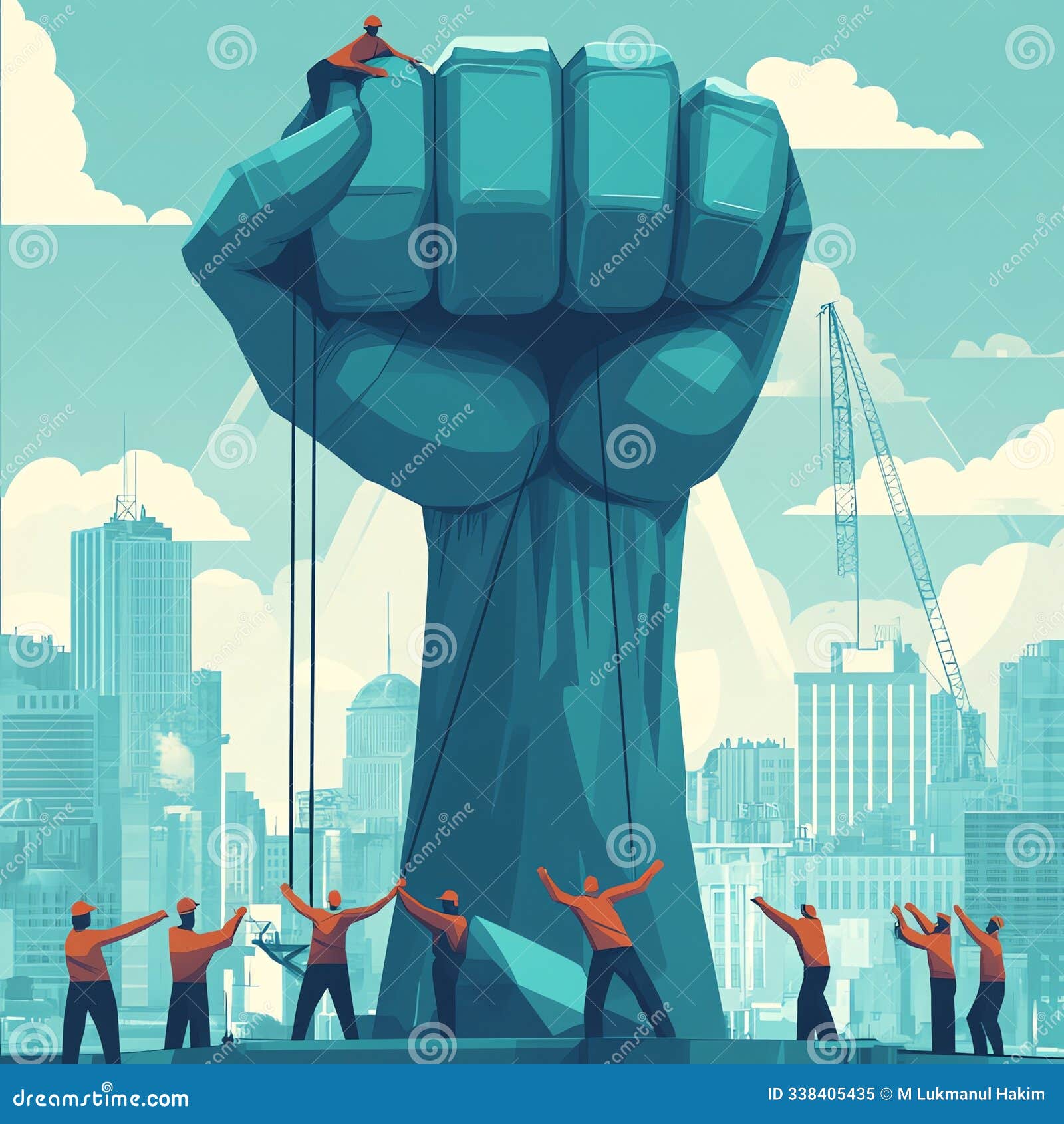 Flat Design Style Illustration of Workers Building a Hand Statue ...