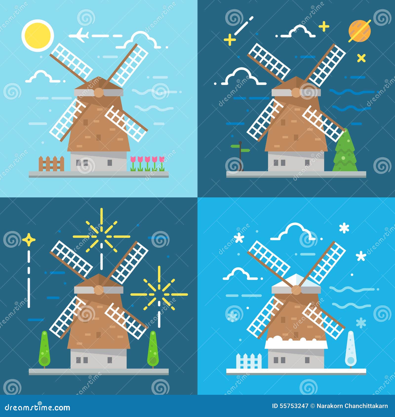 Flat Design 4 Styles of Windmill Amsterdam Netherland Stock Vector ...
