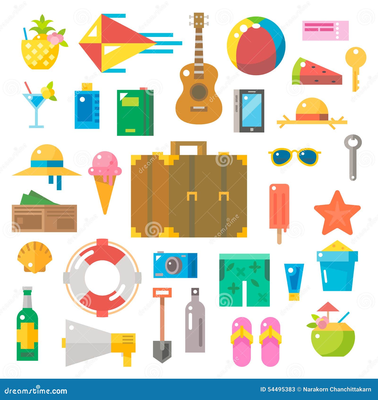 Flat Design of Summer Beach Items Set Stock Vector - Illustration of ...