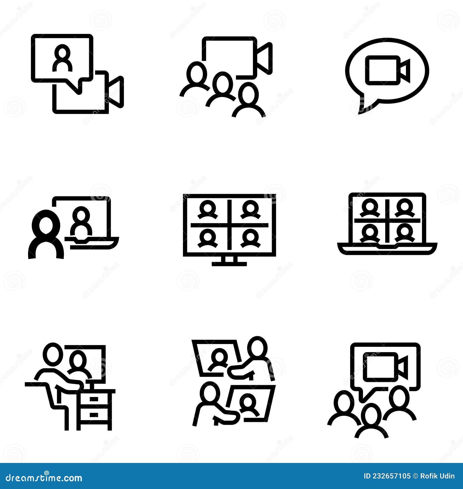 Flat Design Template for Virtual Meeting Icon Set. Monoline Drawing ...