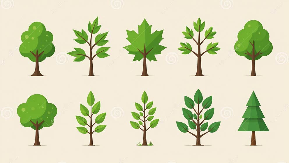 A Flat Design Tree Icon Set Featuring Popular Tree Species in a Vector ...