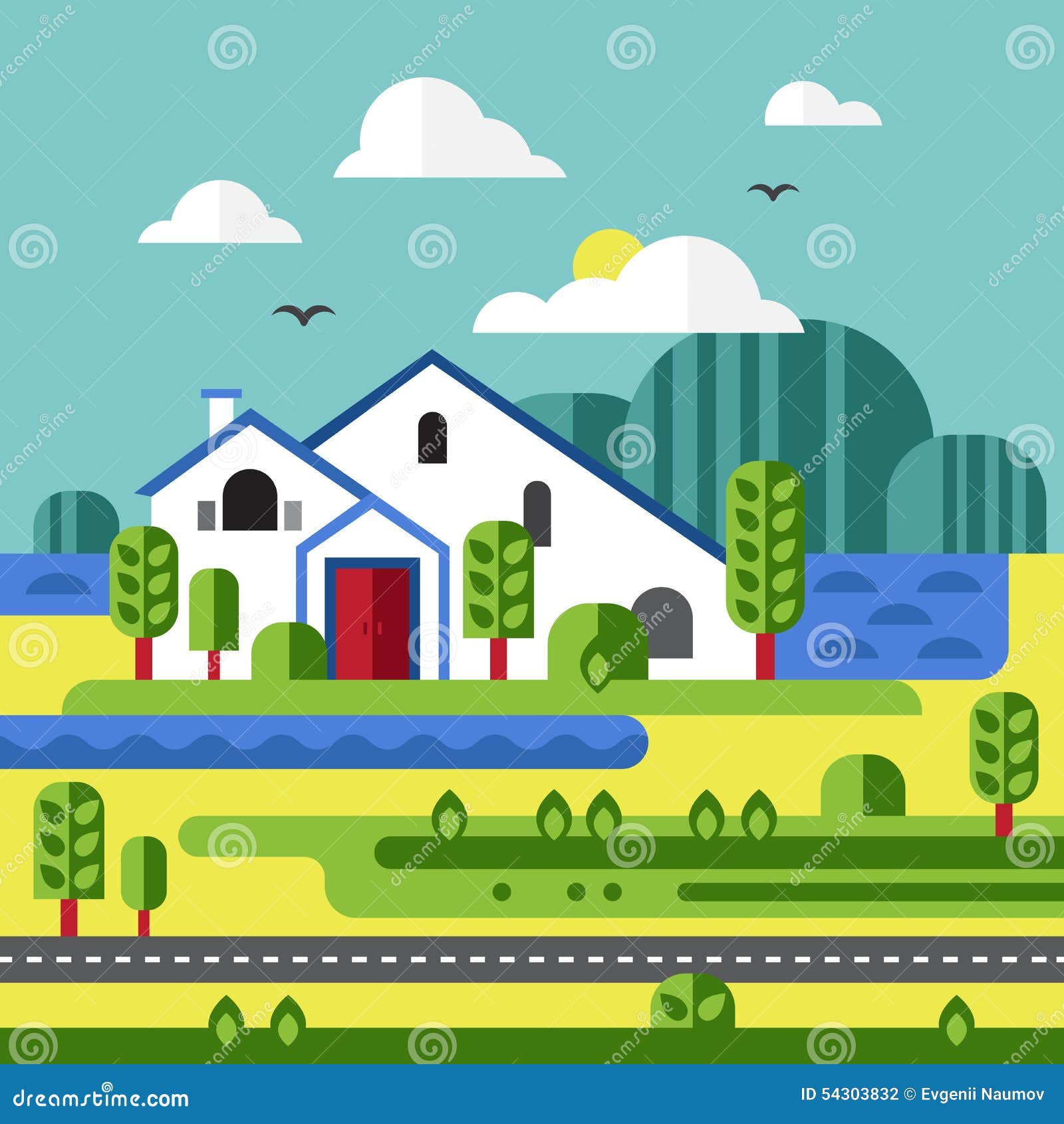 Flat Design Vector of Farm Landscape Stock Vector - Illustration of ...