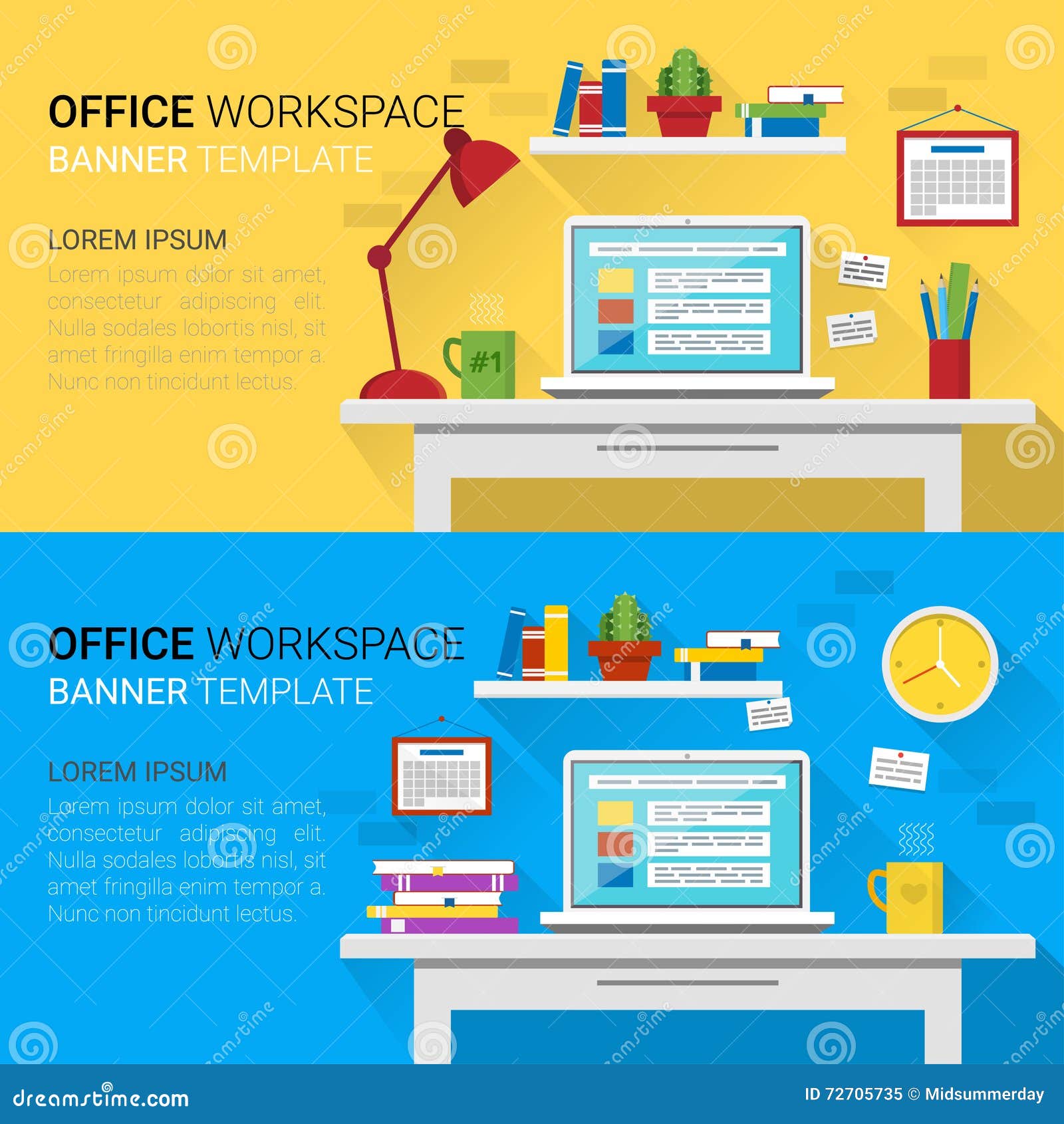 Flat Design Vector Horizontal Banners of Modern Office Interior ...