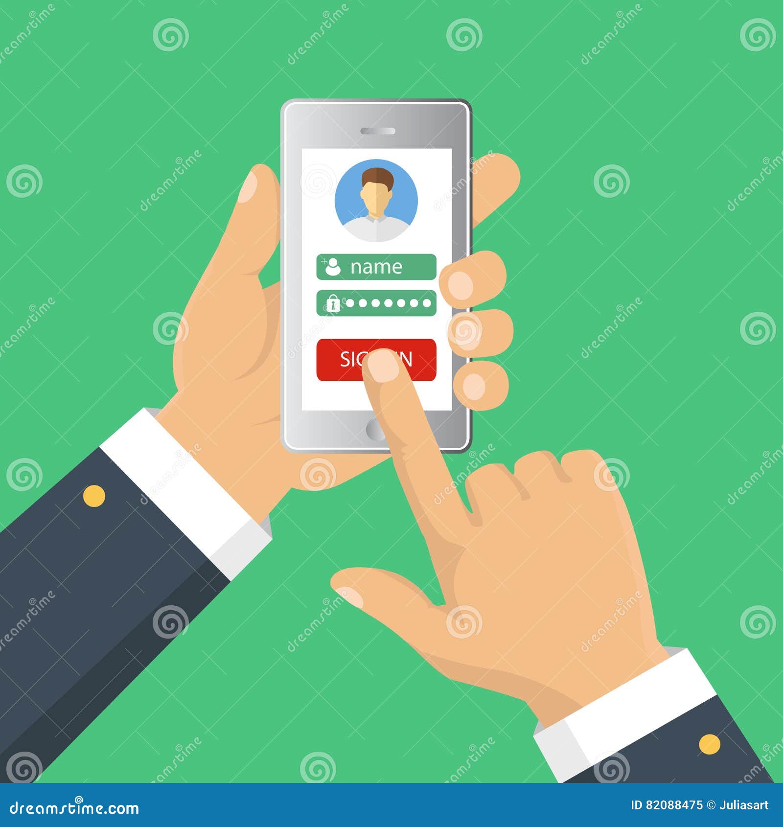 Flat Design Vector Illustration. Sign in Page on Smartphone Stock ...