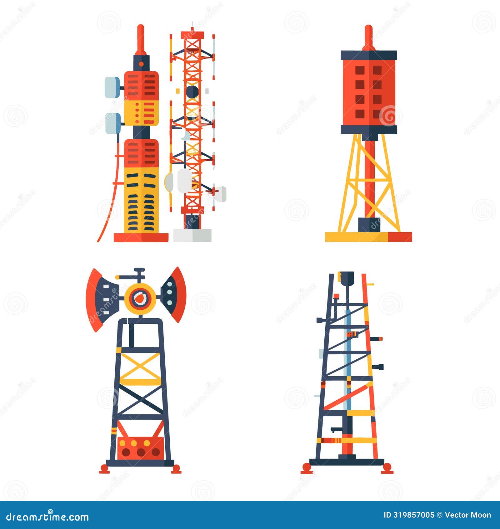 Flat Design Vector Illustration Various Oil Rigs Derricks Geared ...