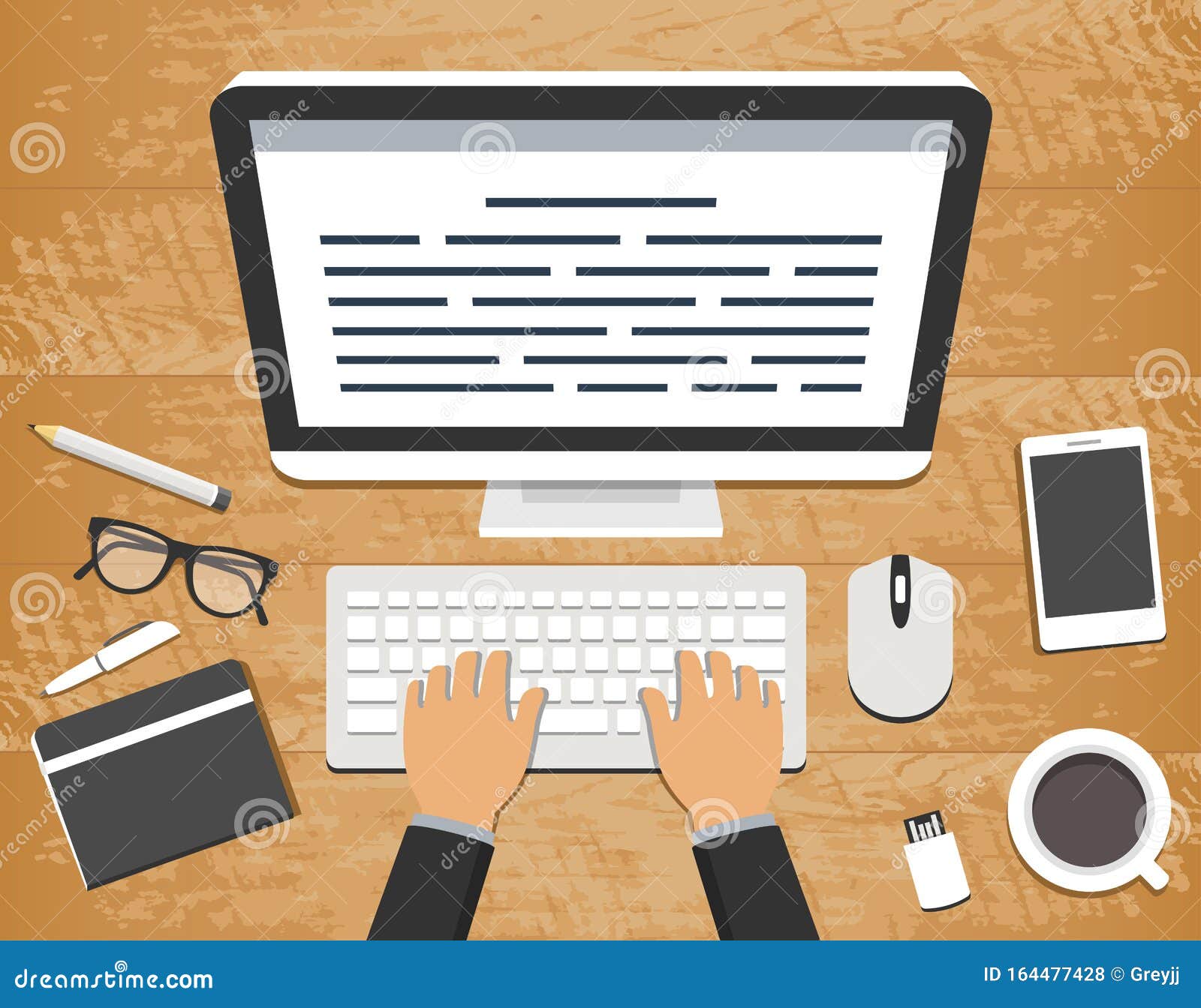 Flat Illustration Of Workplace. Top View Of Wooden Desk With A Computer ...