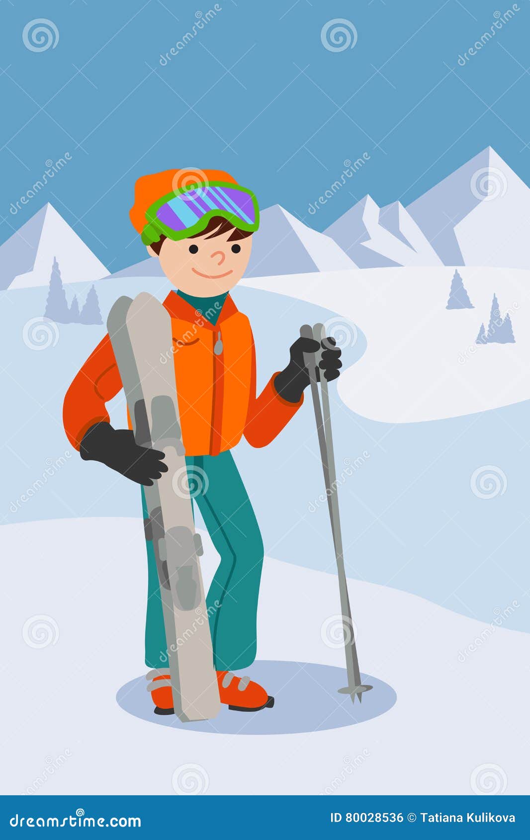 Flat Design Vector Illustration of Young Man from the Mountain by Ski ...