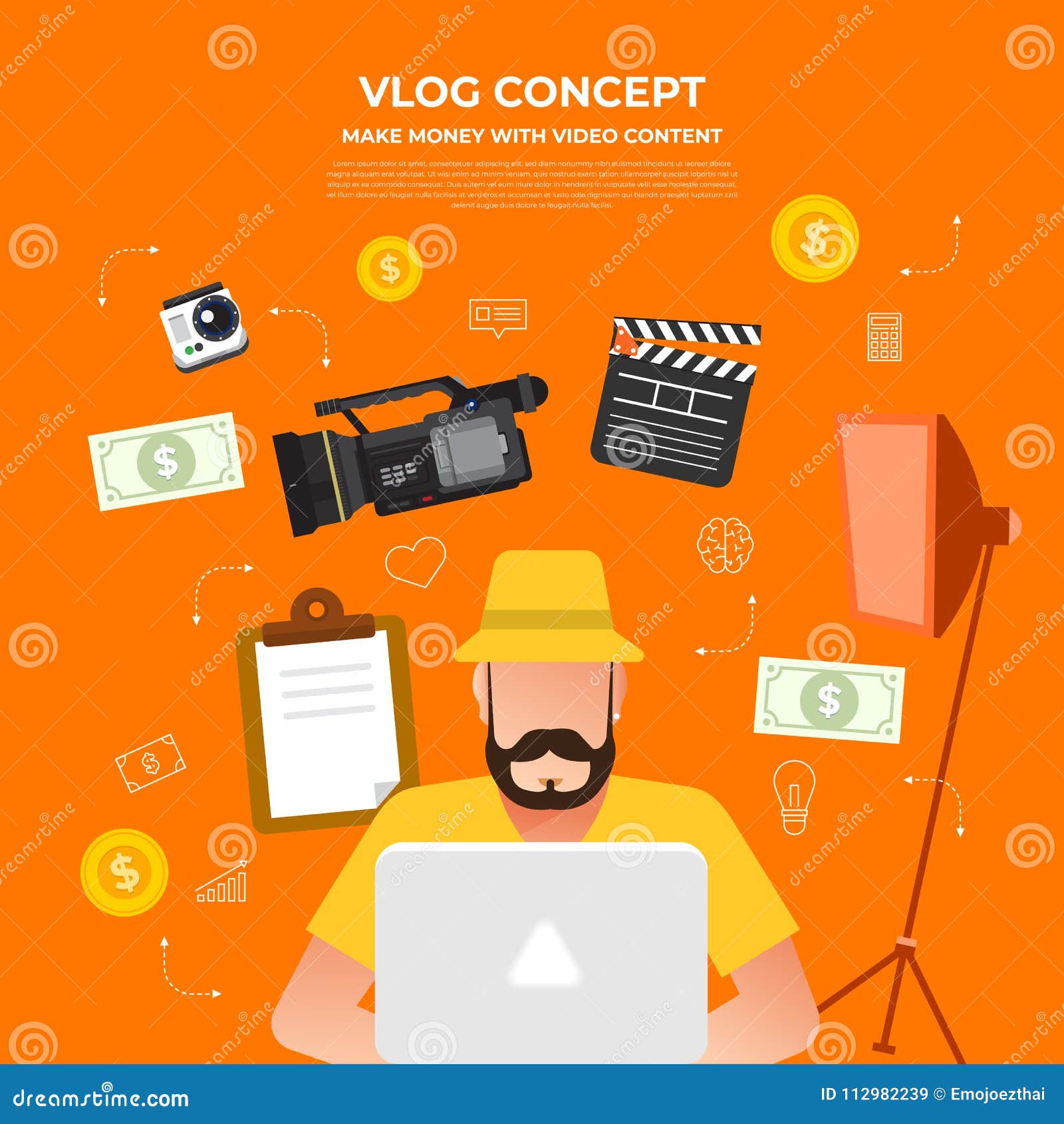 Flat Design Vlog Concept. Create Video Content and Make Money Stock ...