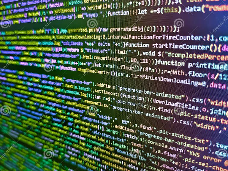 Flat Design, Web Development. Coded Data on Monitor. Software Developer Screen Background ...