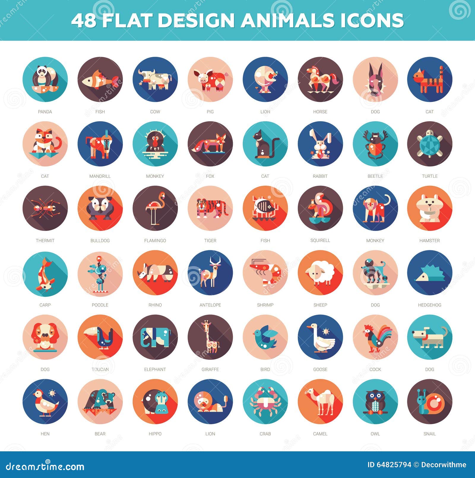 Flat Design Wild and Domestic Animals Icons Set Stock Vector ...