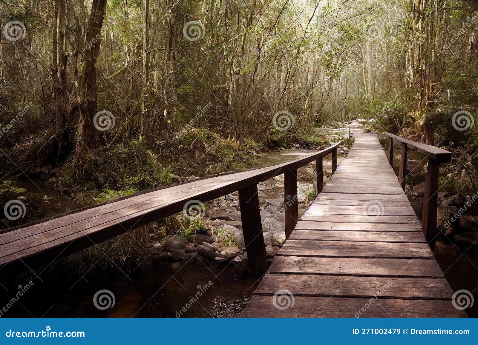 Flat Duckboards Path in Forest with Railing through Empty Shady Forest ...