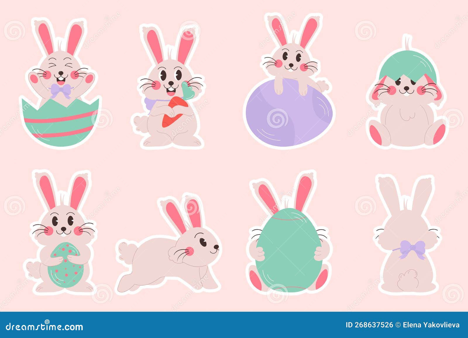 Flat Easter Characters Bunny Collection Stickers. Rabbit with Egg and ...