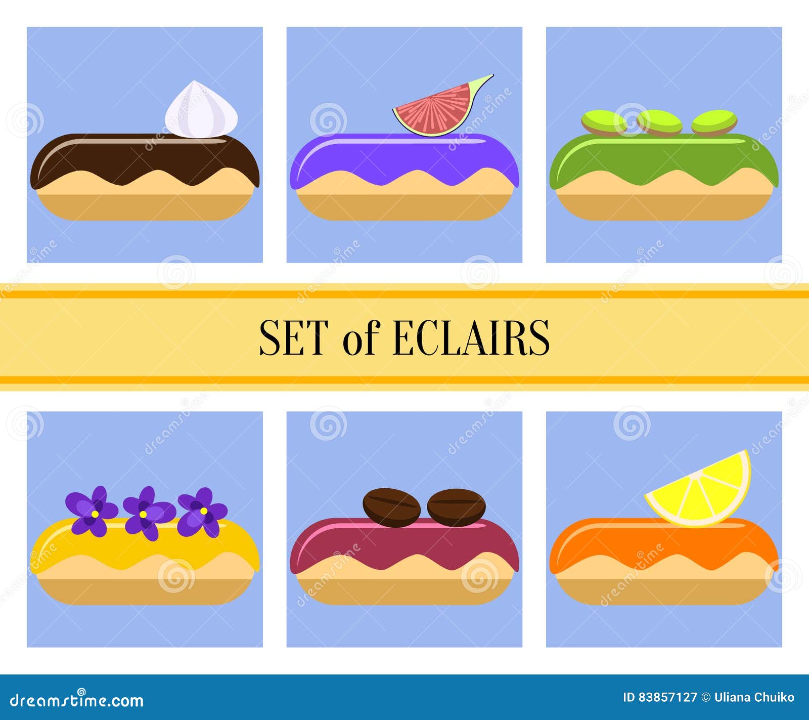 Flat eclairs set stock vector. Illustration of cake, glazed - 83857127