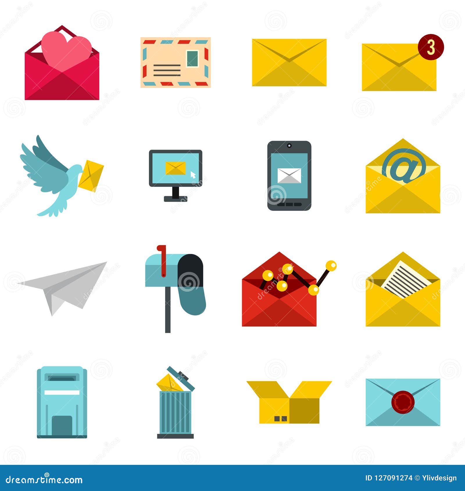 Email Icons Set, Flat Ctyle Stock Illustration - Illustration of office ...