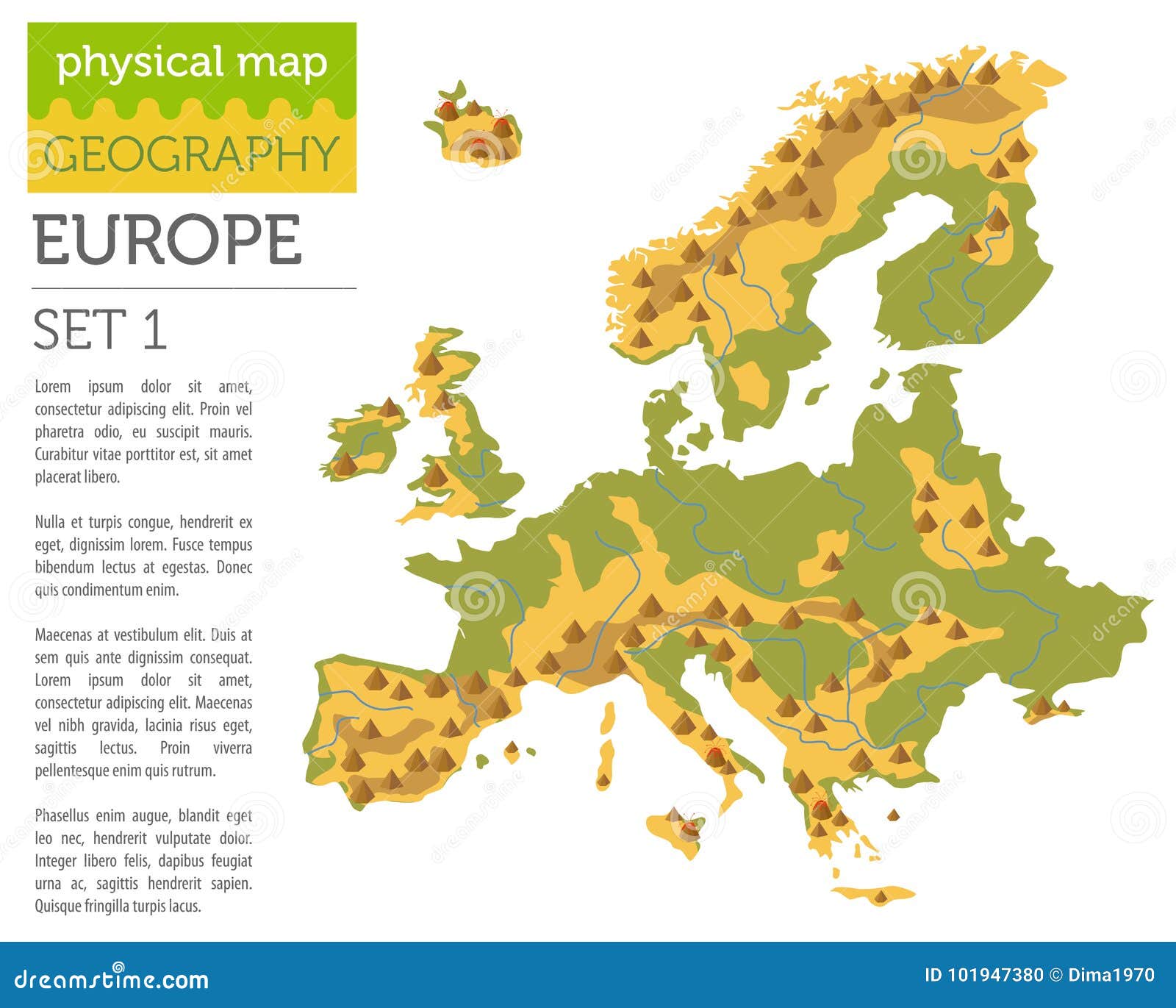 Flat Europe Physical Map Constructor Elements Isolated on White. Stock ...