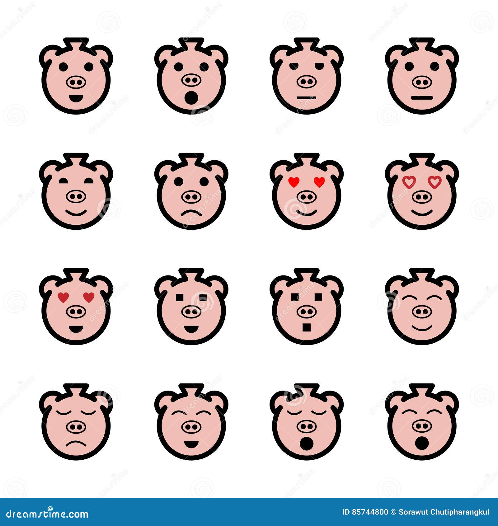 Flat Face Pig Emoticons Set Stock Vector - Illustration of face, cute ...