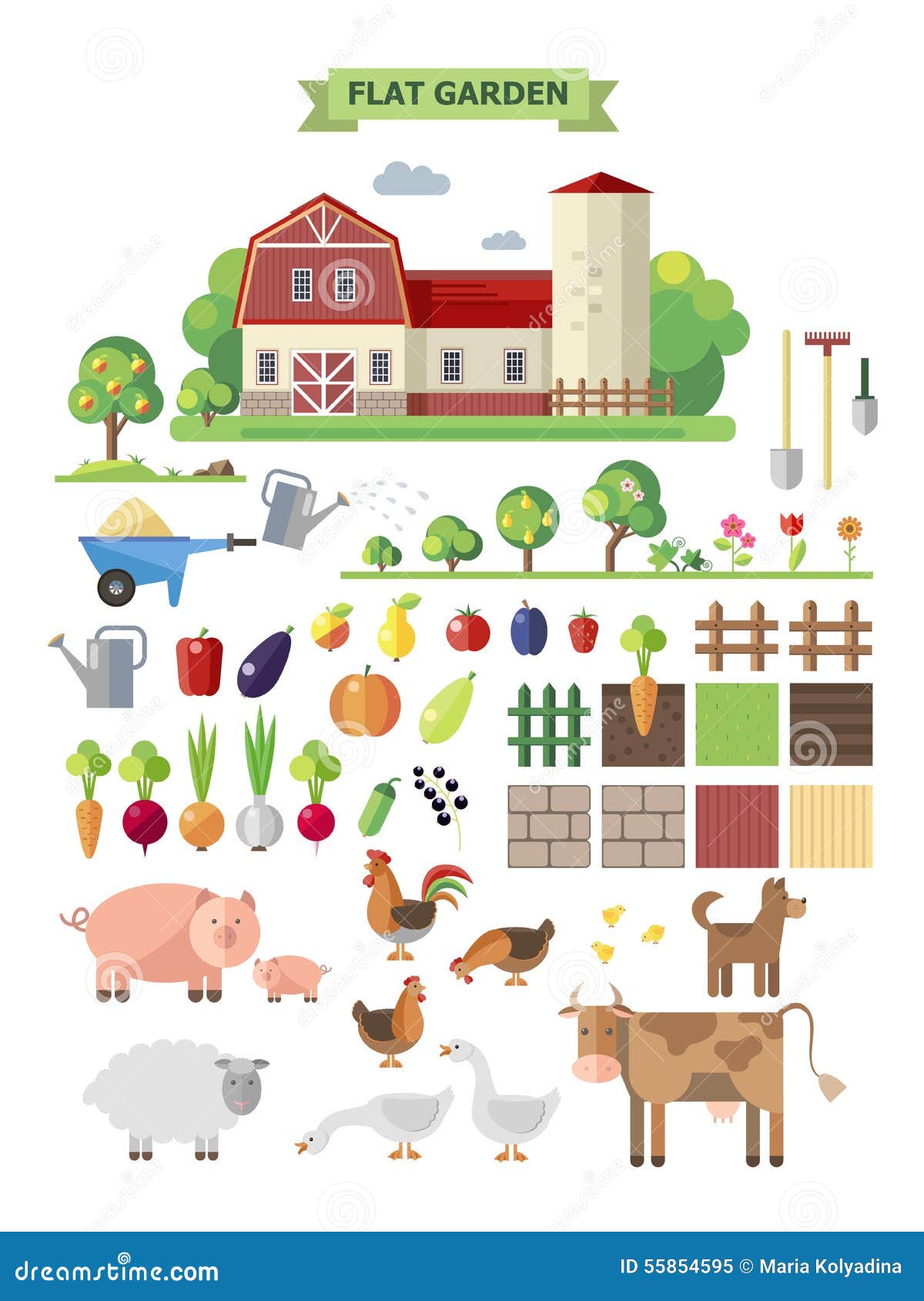 Flat Farm In Village Set Sprites And Tile Sets. Instruments, Flowers ...