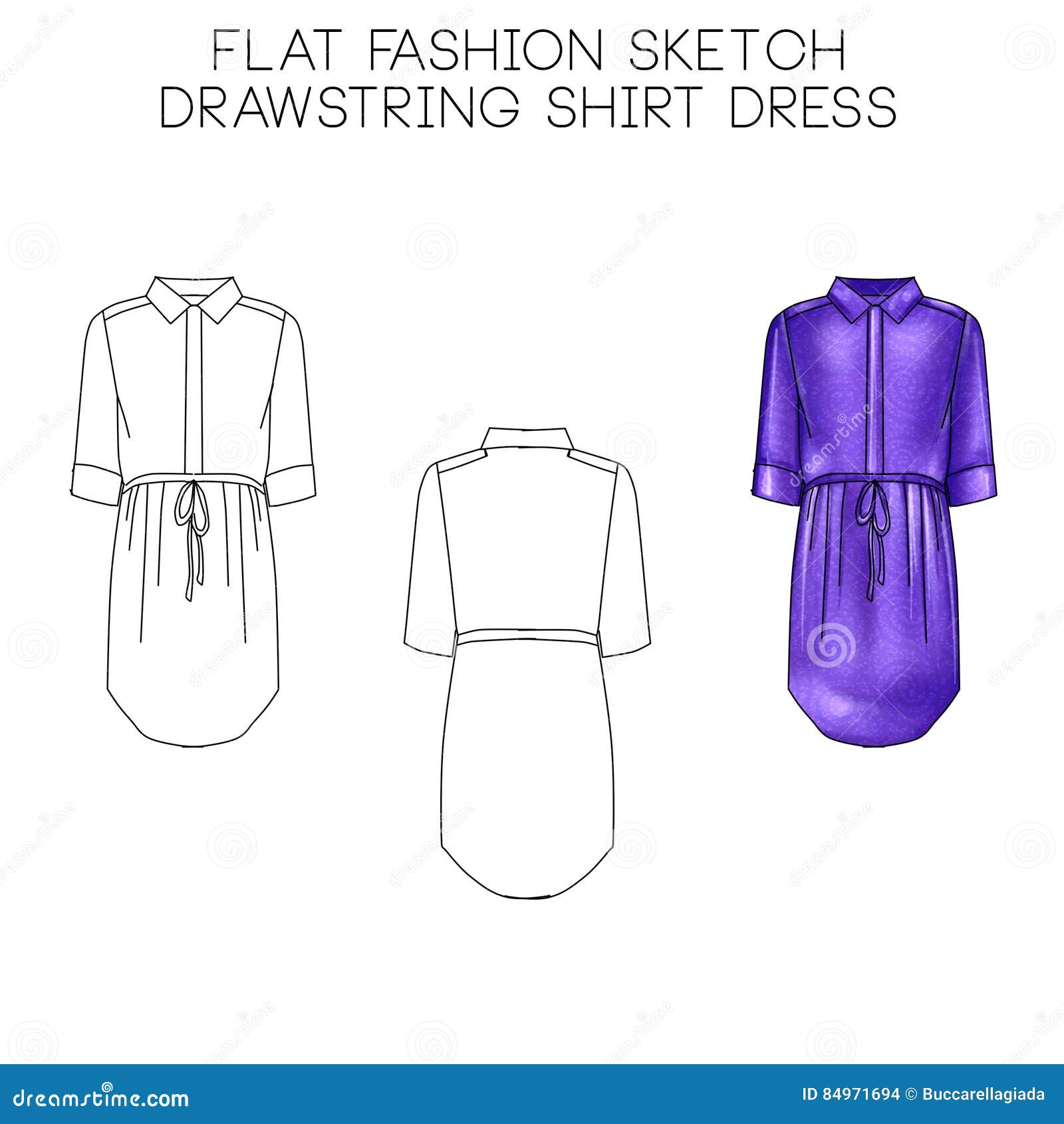 Flat Fashion Technical Sketch - Drawstring Short Dress Stock ...
