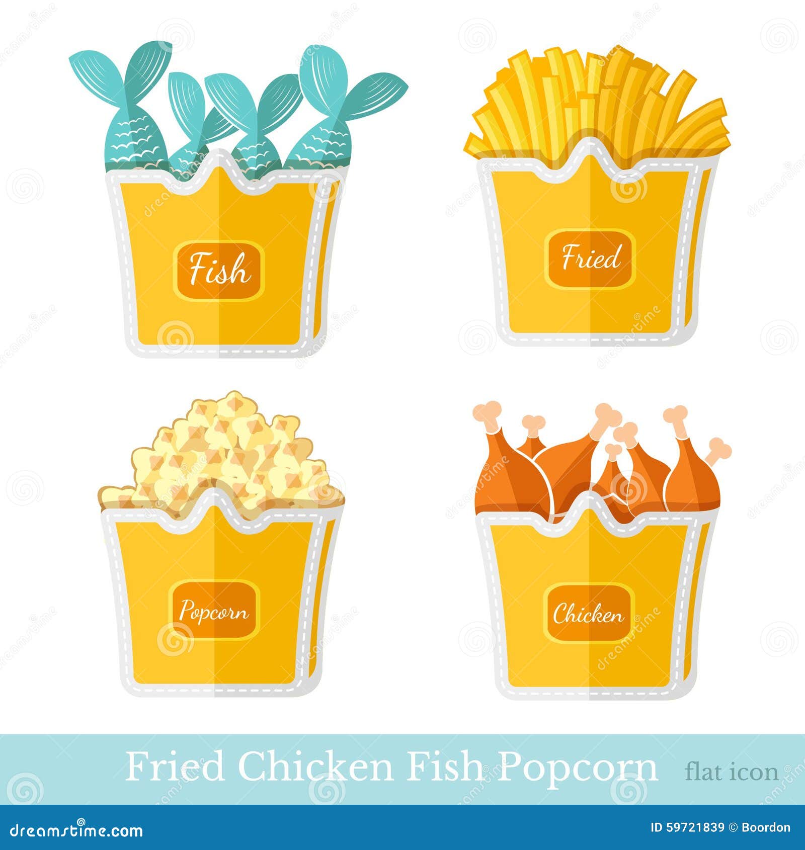 Flat Fast Food Fried Potato Chicken Fish Popcorn with Pack on White ...