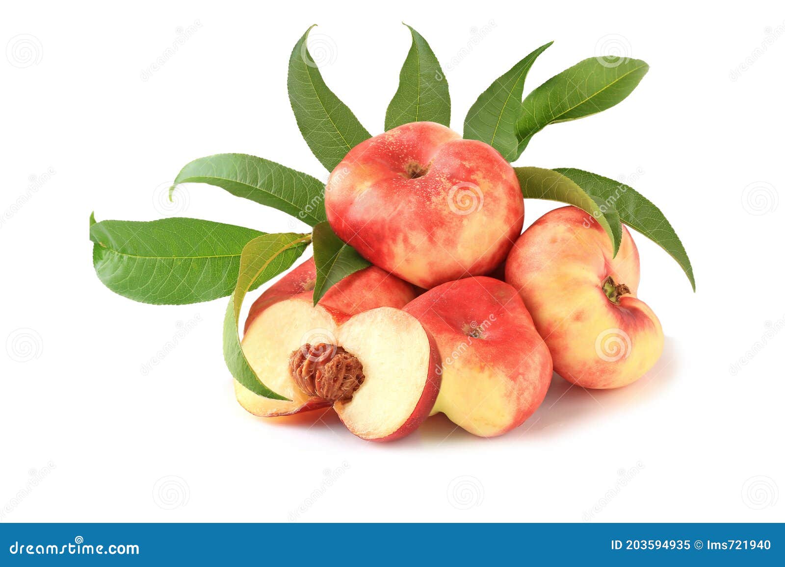 Flat Fig Peaches with a Half and with Leaves Isolated on White Stock ...