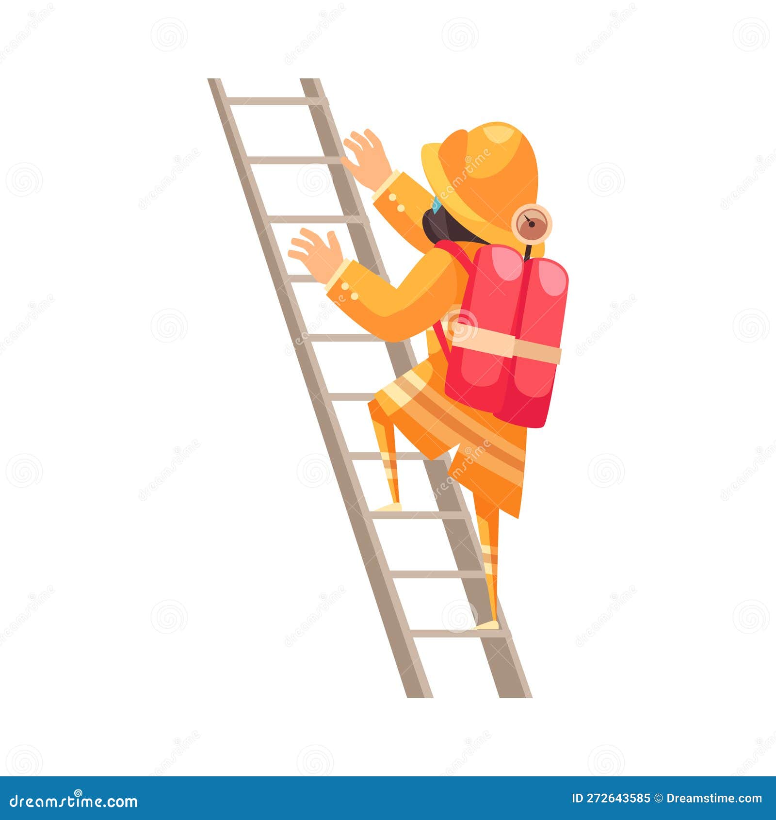 Firefighter Climbing The Ladder To Burning House. Fireman In Uniform ...