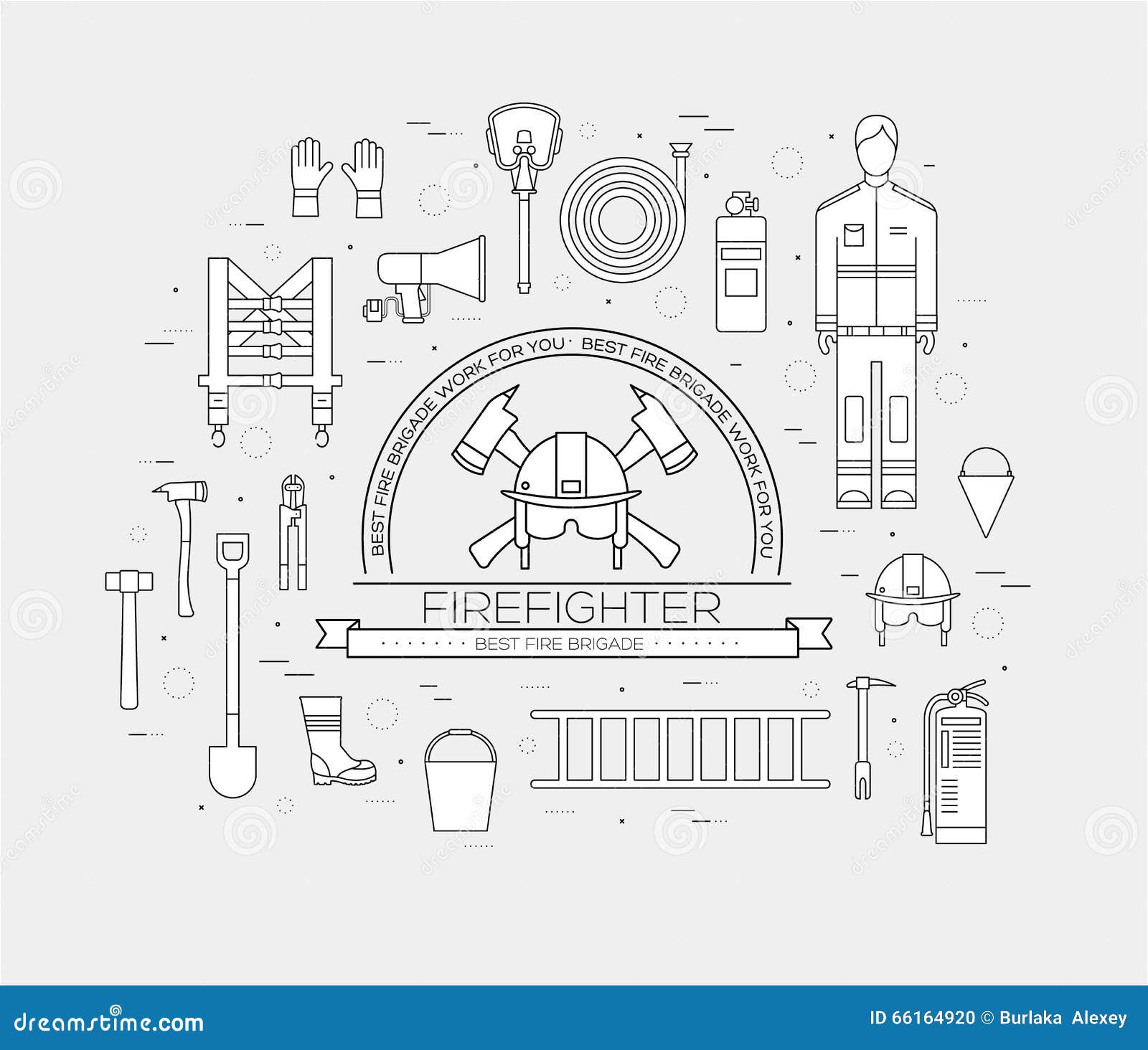 Flat Firefighter Uniform and First Help Equipment Set and Instruments ...