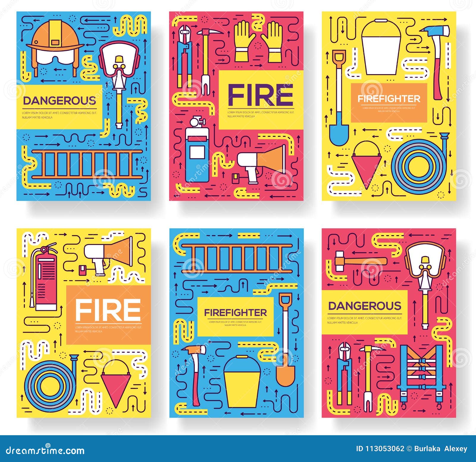 Flat Firefighter Uniform Vector Brochure Cards Thin Line Set. First ...