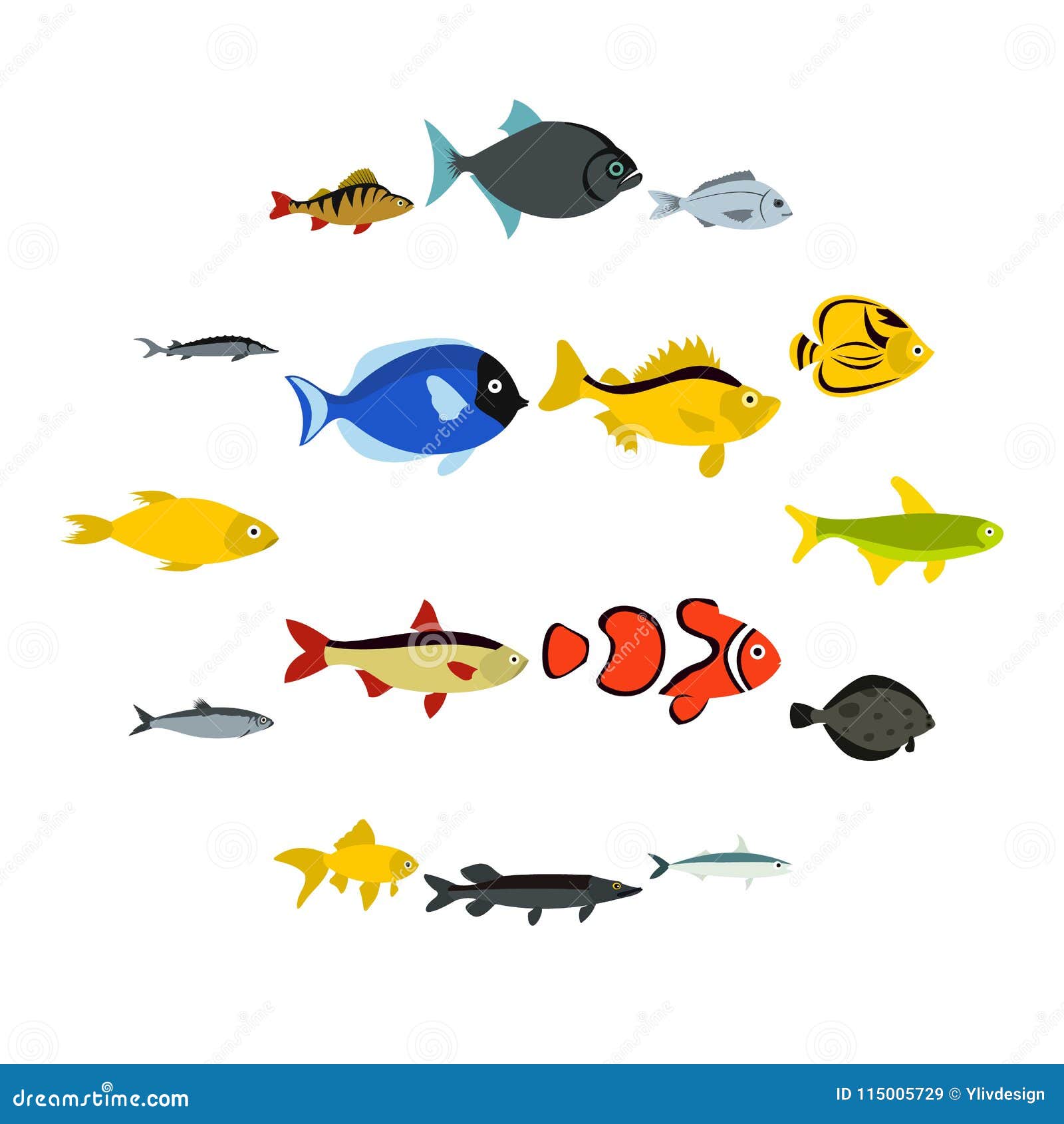 Fish icons set, flat style stock vector. Illustration of aquatic ...