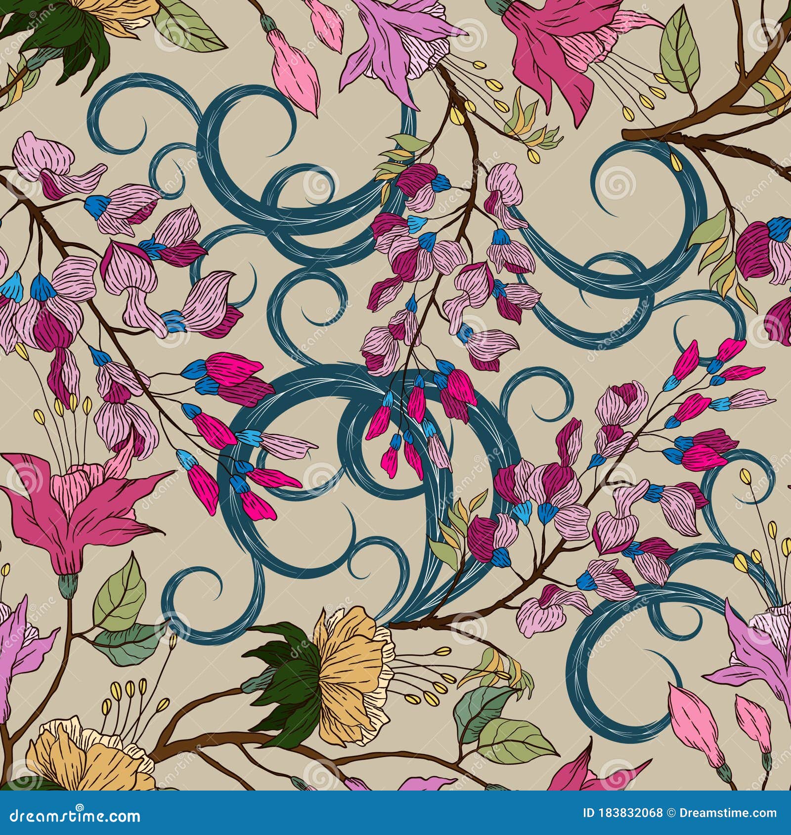 Flat Floral and Spiral Illustration Design Stock Vector - Illustration ...