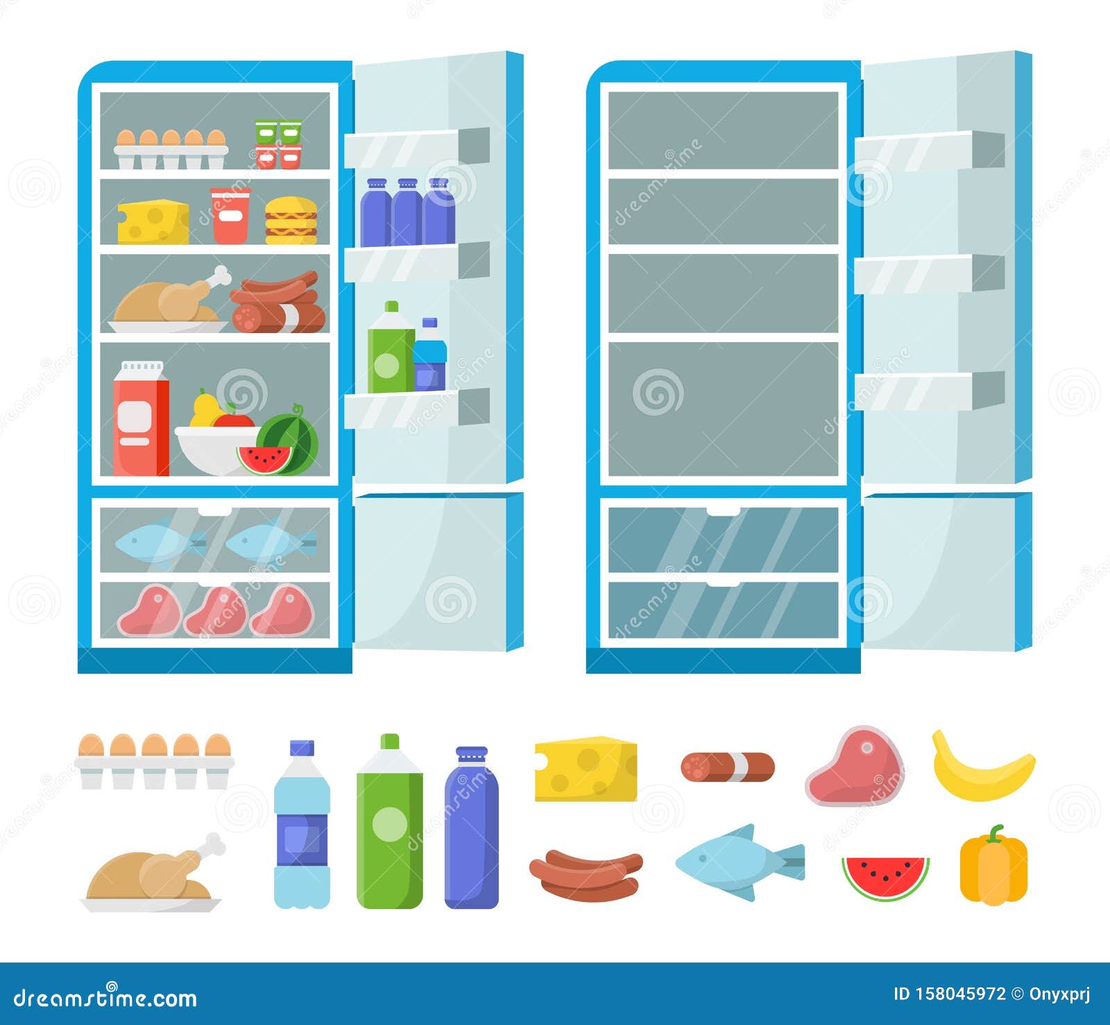 Flat Fridge Vector. Full and Empty Refrigerator in the Kitchen Stock ...