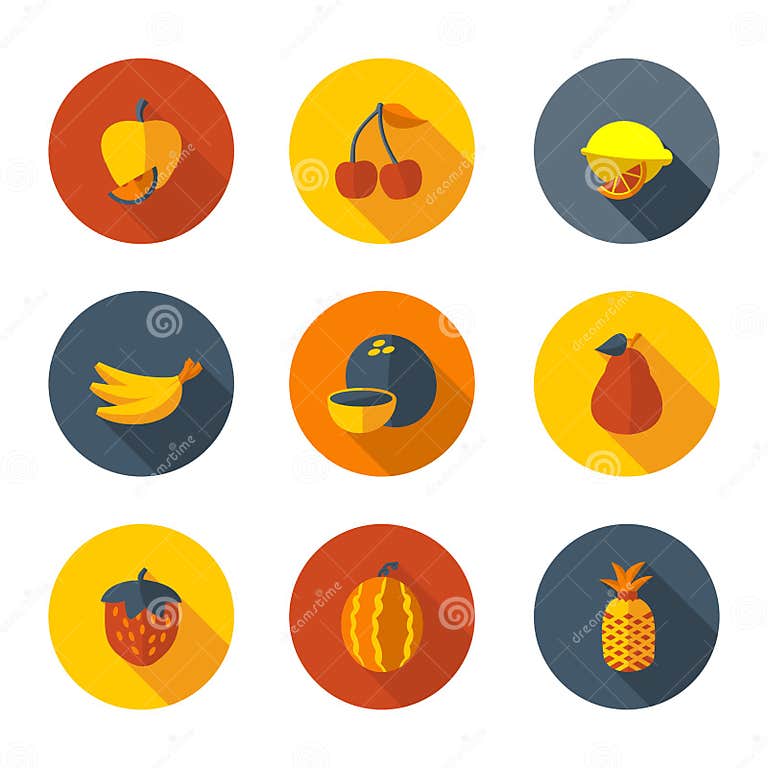 Flat fruit icons stock illustration. Illustration of sweet - 64080739