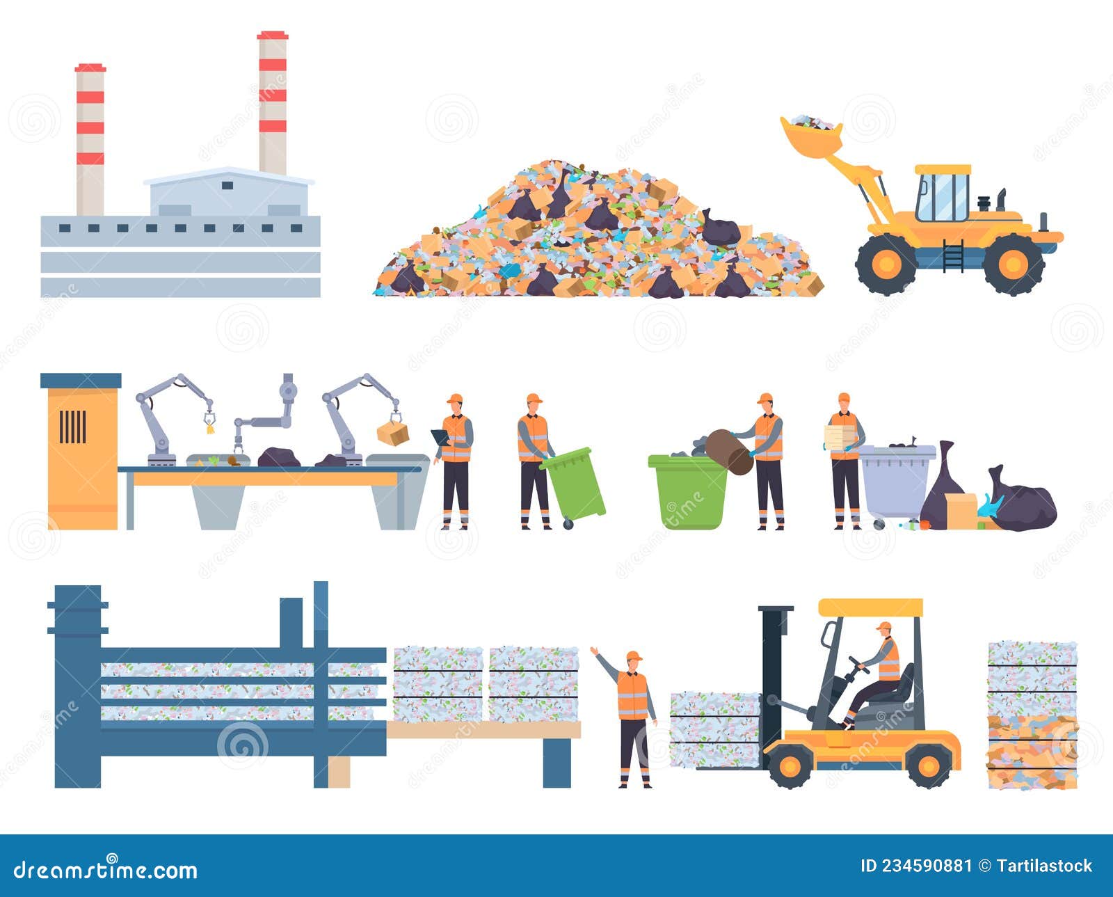 Flat Garbage Service Workers, Janitors And Waste Trucks. Recycling ...