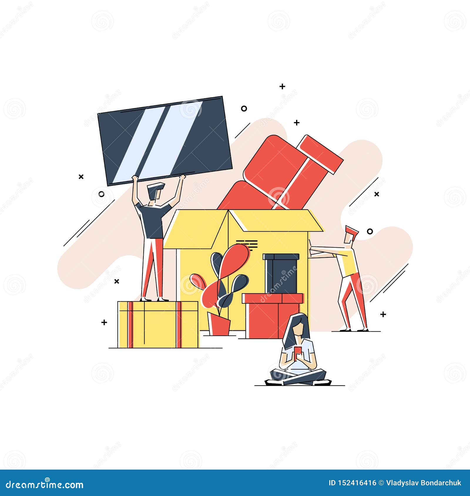 Moving Things New Home. Uniformed Male Characters Carry Sofa And Packed ...